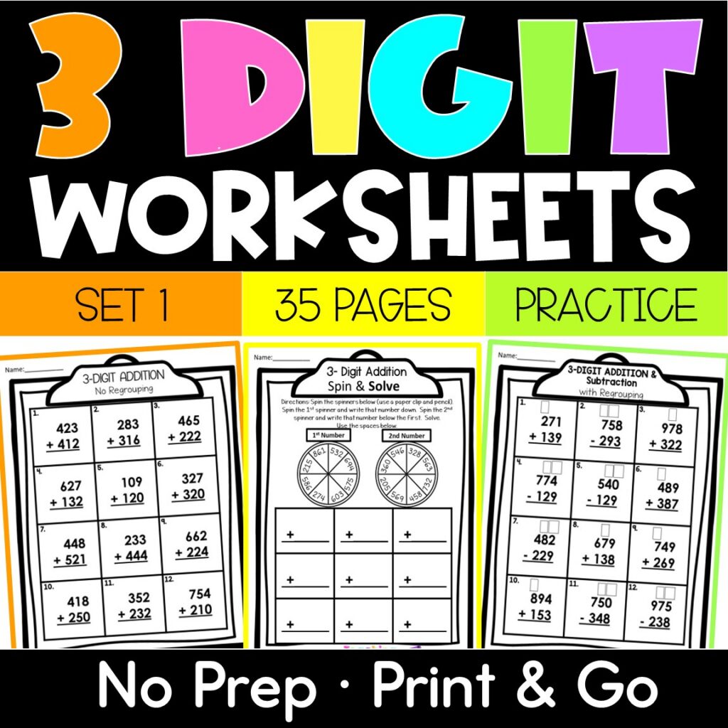 3-Digit Addition & Subtraction Worksheets With Without Regrouping