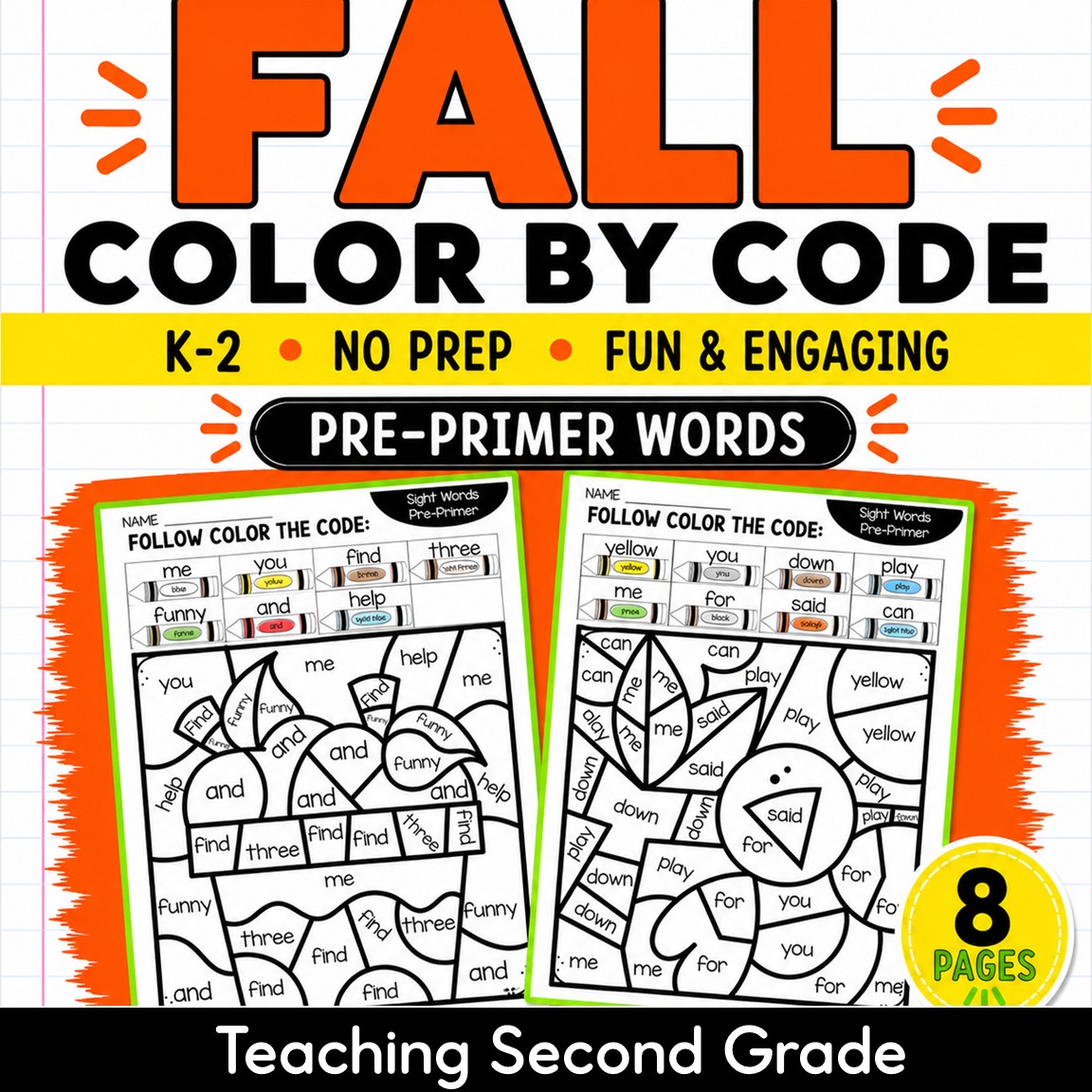 Fall Color by Code Pre Primer Sight Words Worksheets