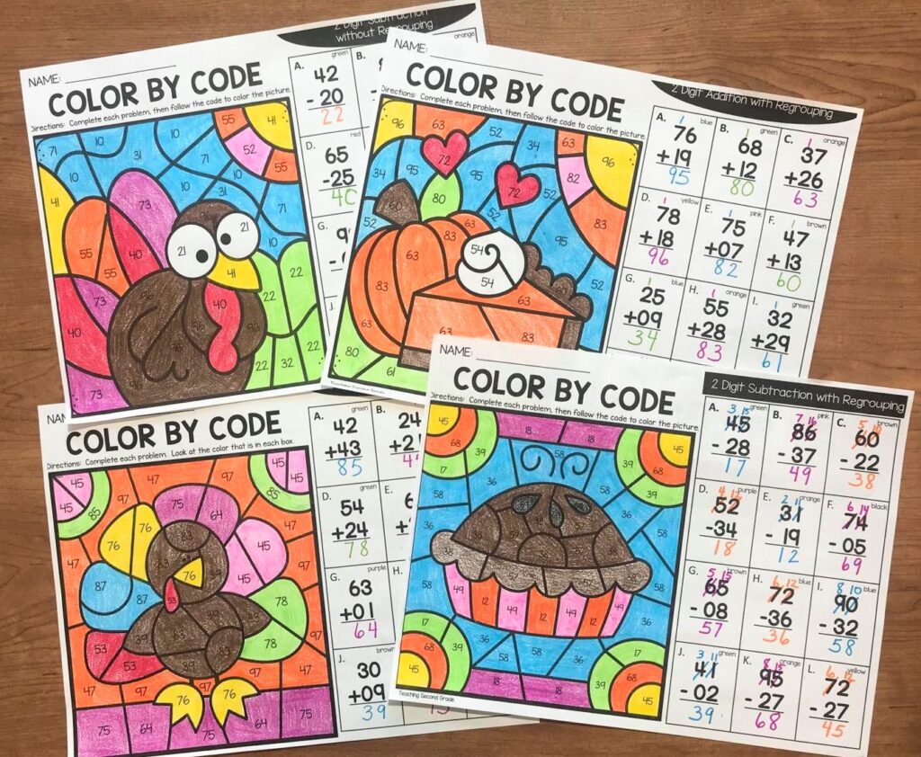 Thanksgiving Color by Code Worksheets - Teaching Ideas Made Easy