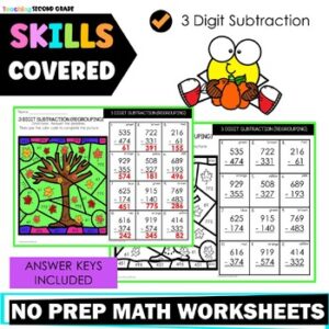 Fall 3 Digit Subtraction with Regrouping Color by Code - Teaching Ideas ...