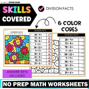 Spring Division Facts Color by Code Worksheets - Teaching Ideas Made Easy