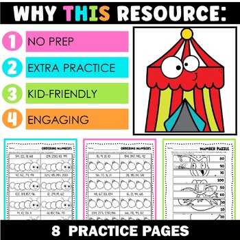 Ordering Numbers Math Worksheets with a Circus Theme for 1st and 2nd ...