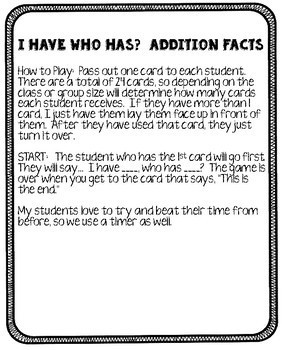 Addition Facts to 20 I Have Who Has Game - Teaching Ideas Made Easy