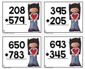 Valentine's Day 3 Digit Addition with Regrouping Math Task Cards ...