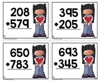 Valentine's Day 3 Digit Addition with Regrouping Math Task Cards ...