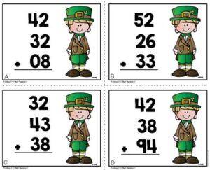 St. Patrick's Day Adding 3 2 Digit Numbers Math Task Cards - Teaching ...