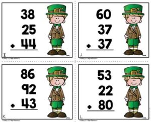 St. Patrick's Day Adding 3 2 Digit Numbers Math Task Cards - Teaching ...
