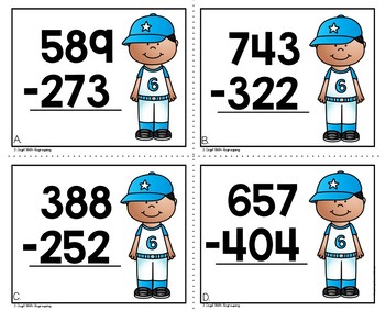 3 Digit Subtraction No Regrouping Baseball Math Task Cards - Teaching ...