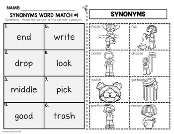 Synonyms Worksheets with Pictures Cut and Paste