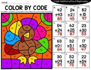 Thanksgiving 2 Digit Addition Without Regrouping Color by Code ...