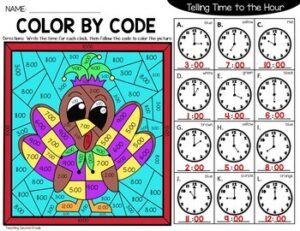 Thanksgiving Telling Time to Hour and Half Hour Color by Code ...