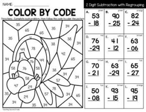 Thanksgiving 2 Digit Subtraction With Regrouping Color by Code ...