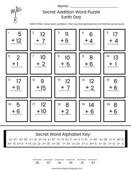 New Earth Day Addition Riddle Worksheet Basic Addition Adding