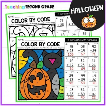 Halloween Color by Code - 2 Digit Addition With Regrouping - Teaching ...