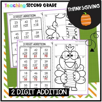 Thanksgiving Mystery Pictures - 2 Digit Addition with Regrouping ...