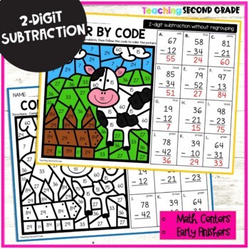 2 Digit Subtraction without Regrouping Color by Number Farm - Teaching ...