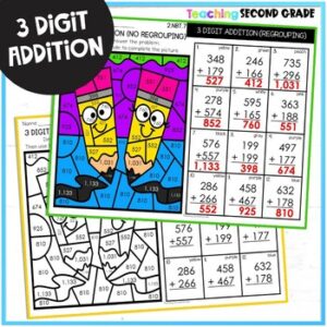 School 3 Digit Addition with Regrouping Color by Code Worksheets ...