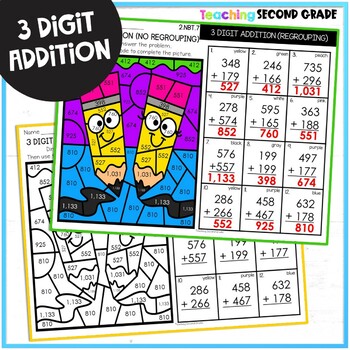 School 3 Digit Addition with Regrouping Color by Code Worksheets ...
