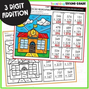 School 3 Digit Addition with Regrouping Color by Code Worksheets ...