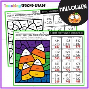Halloween 3 Digit Addition w/out regrouping Color by Number Worksheets ...