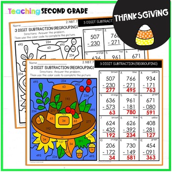 Thanksgiving 3 Digit Subtraction with Regrouping Color by Code ...