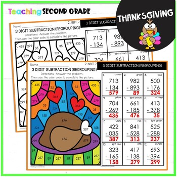 Thanksgiving 3 Digit Subtraction with Regrouping Color by Code ...