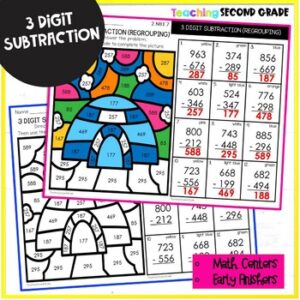 Winter 3 Digit Subtraction with Regrouping Color by Number - Teaching ...