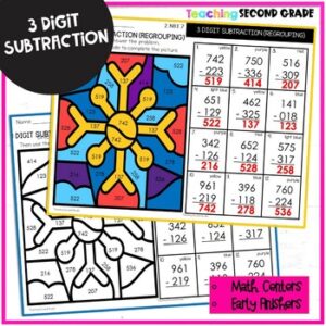 Winter 3 Digit Subtraction with Regrouping Color by Number - Teaching ...