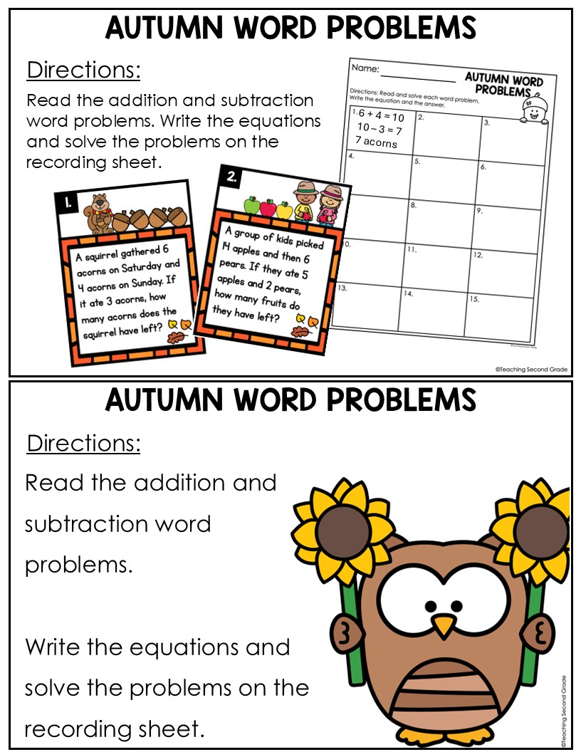 Thanksgiving Word Problems Fluency Center Worksheet 2nd Game Fall Add ...