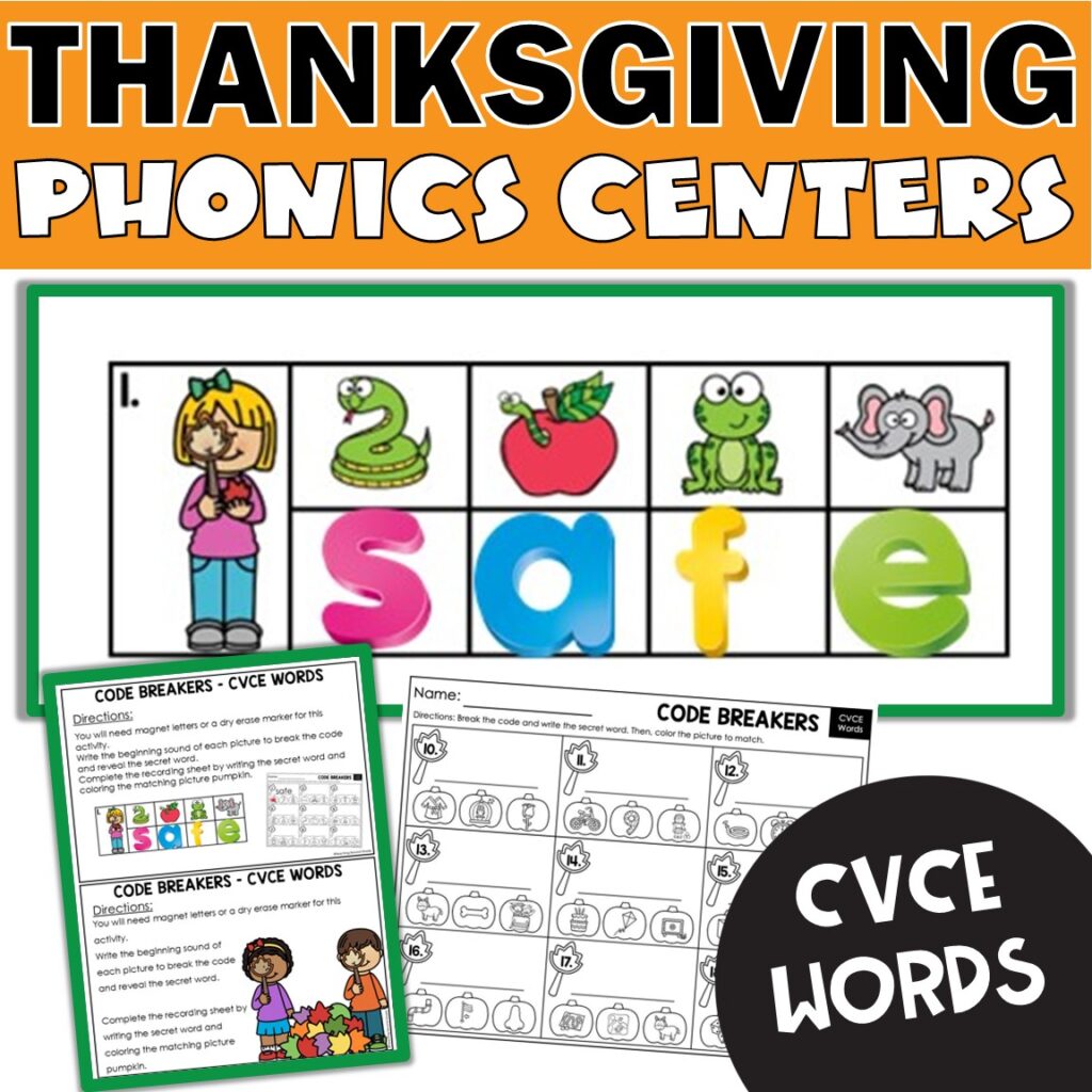 Thanksgiving CVCe Words Phonics Center with Recording Sheet 1st and 2nd ...