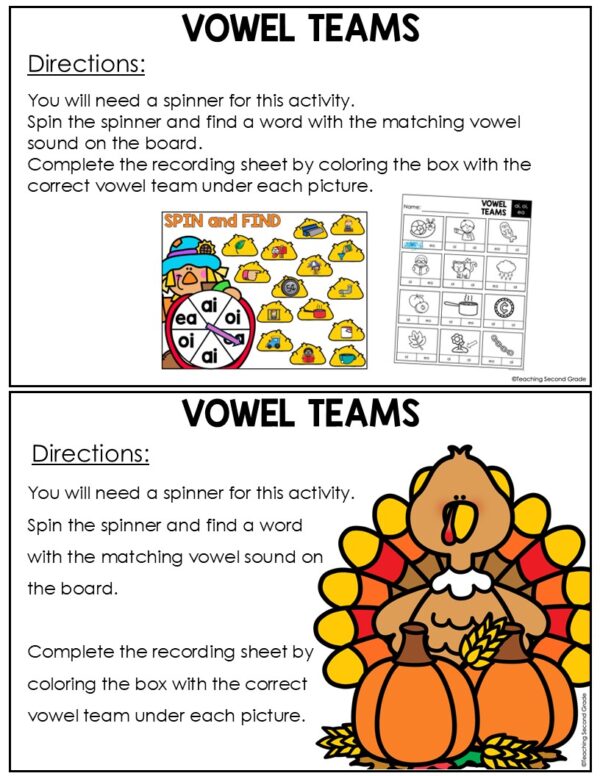 Thanksgiving Vowel Teams Phonics Center Recording Worksheet 1st 2nd ...
