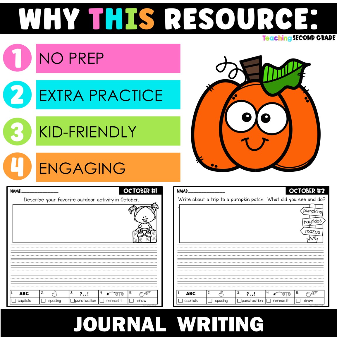 October Daily Journal Writing Prompts for 1st 2nd Grade - Teaching ...