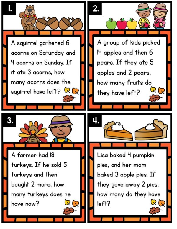 Thanksgiving Word Problems Fluency Center Worksheet 2nd Game Fall Add ...