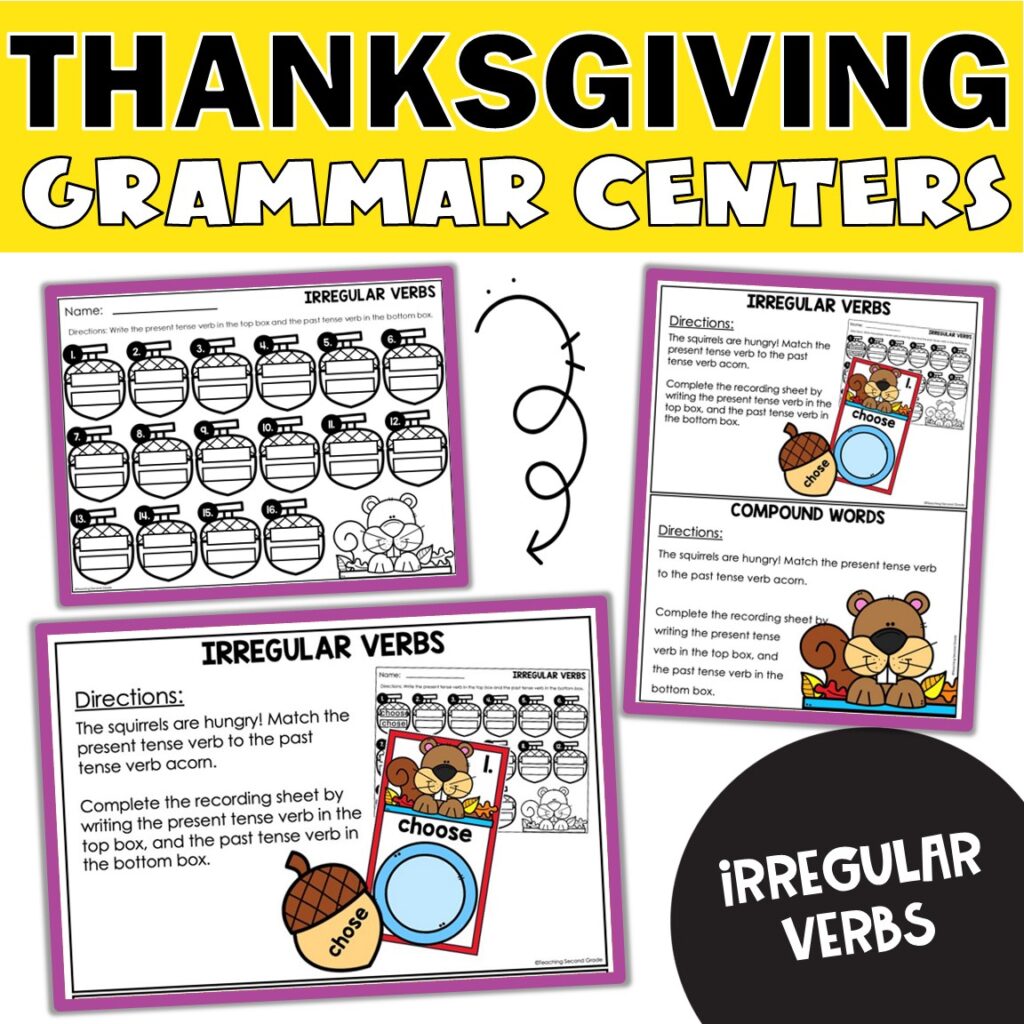 Thanksgiving Irregular Verbs Grammar Center for 1st 2nd Grade Fall Game ...