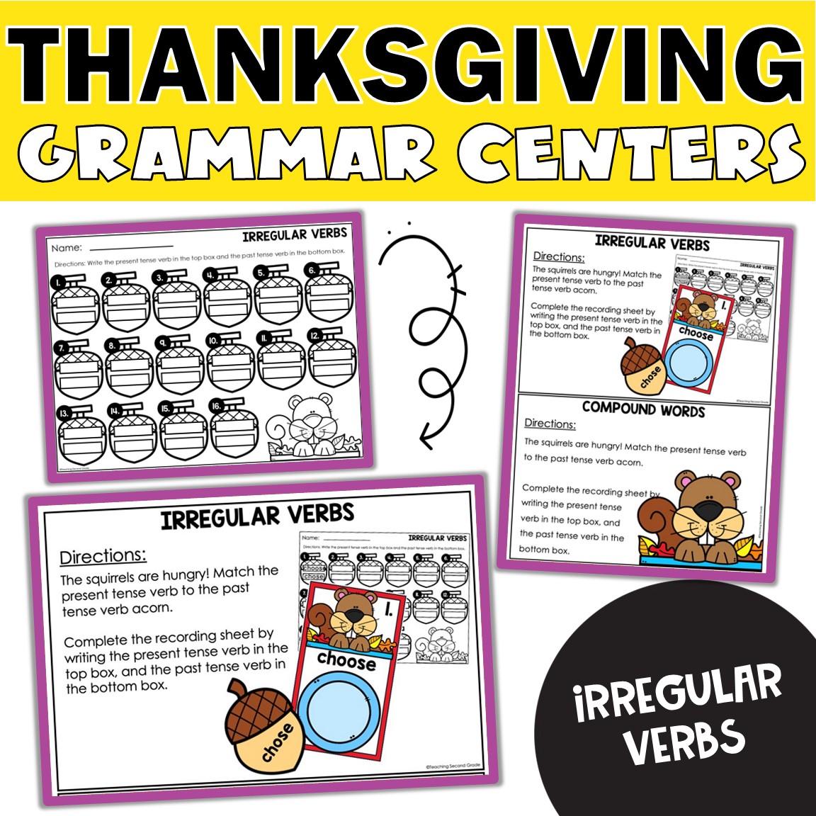 Thanksgiving Irregular Verbs Grammar Center for 1st 2nd Grade Fall Game ...
