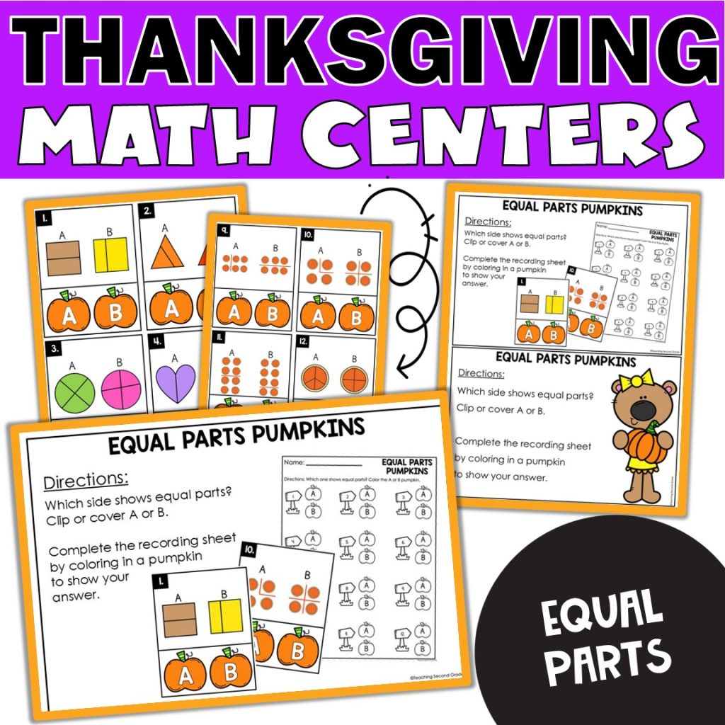 Thanksgiving Math Center for 1st Grade | Equal Parts and Fractions Game ...