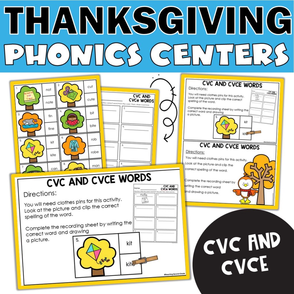 Thanksgiving CVC and CVCe Phonics Center for 1st and 2nd Grade Phonics ...