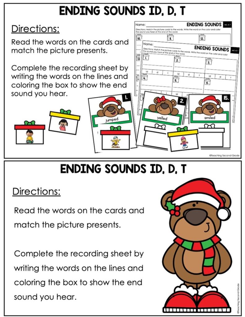Christmas Ending -ed Sounds Phonics Center for 1st and 2nd Grade ...