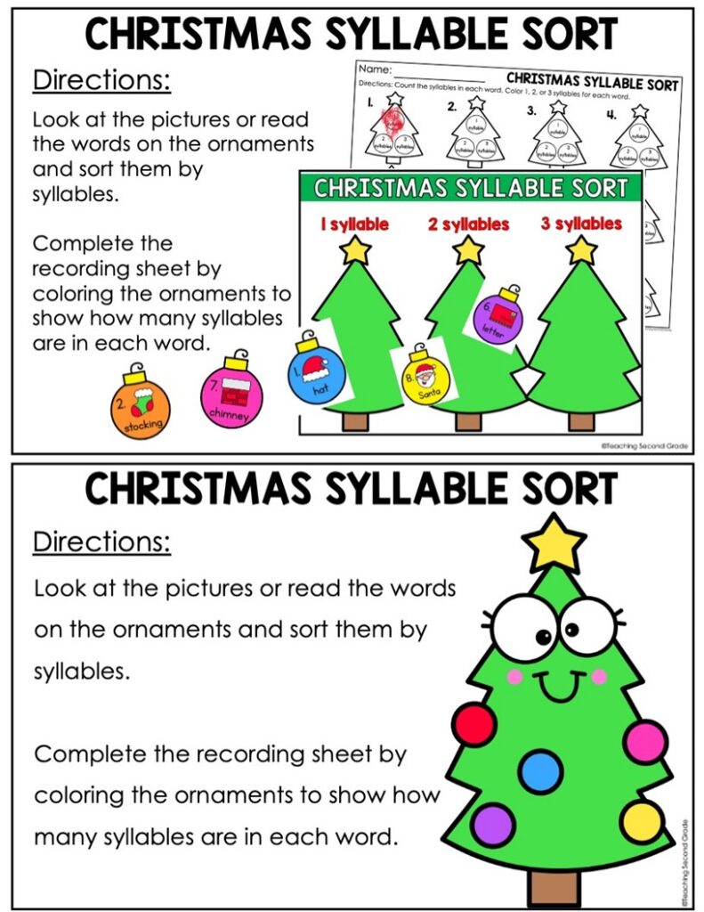 Christmas Syllable Sorting Activity for 1st and 2nd Grade - Phonics ...