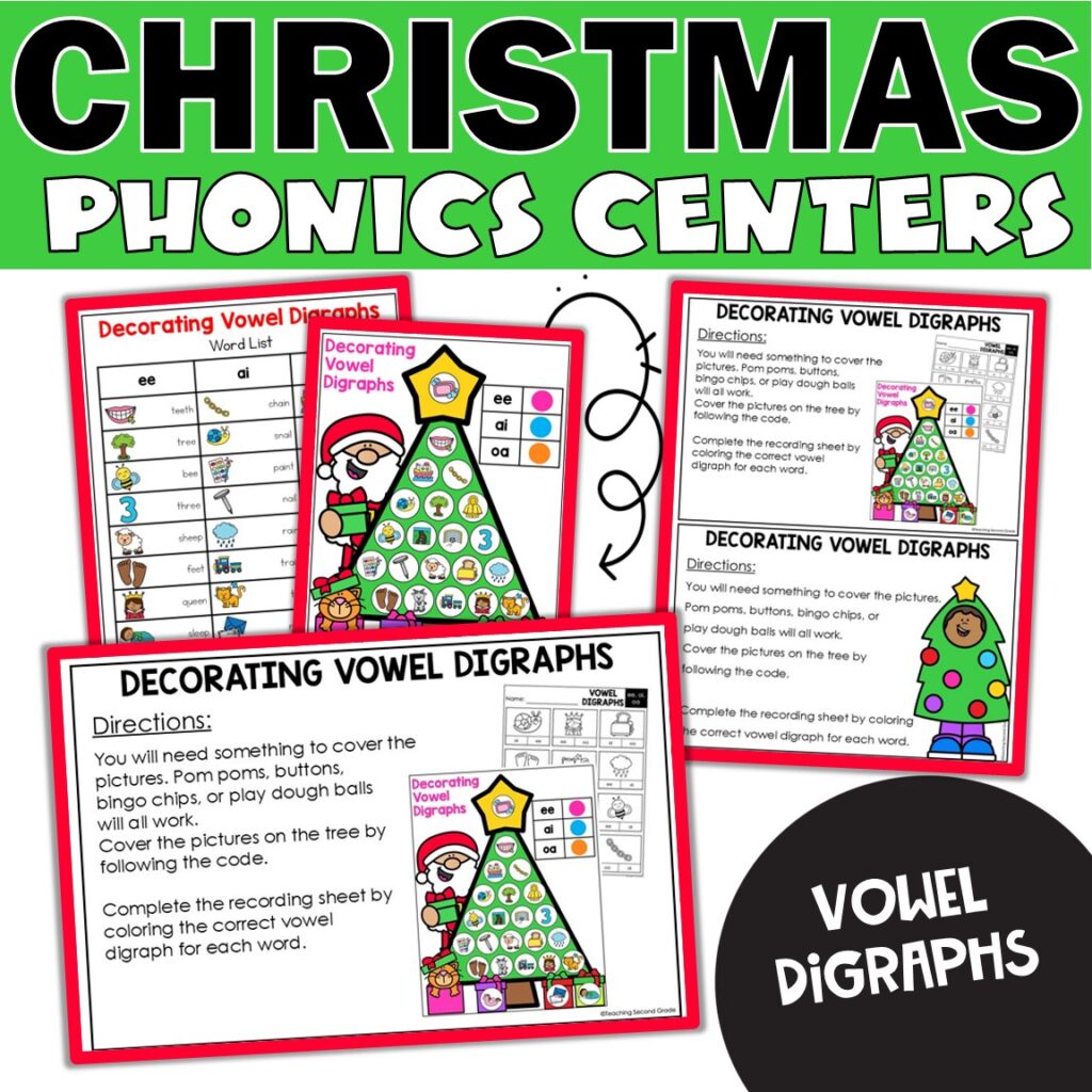 Christmas Vowel Digraph Center for 1st and 2nd Grade - Phonics Practice ...