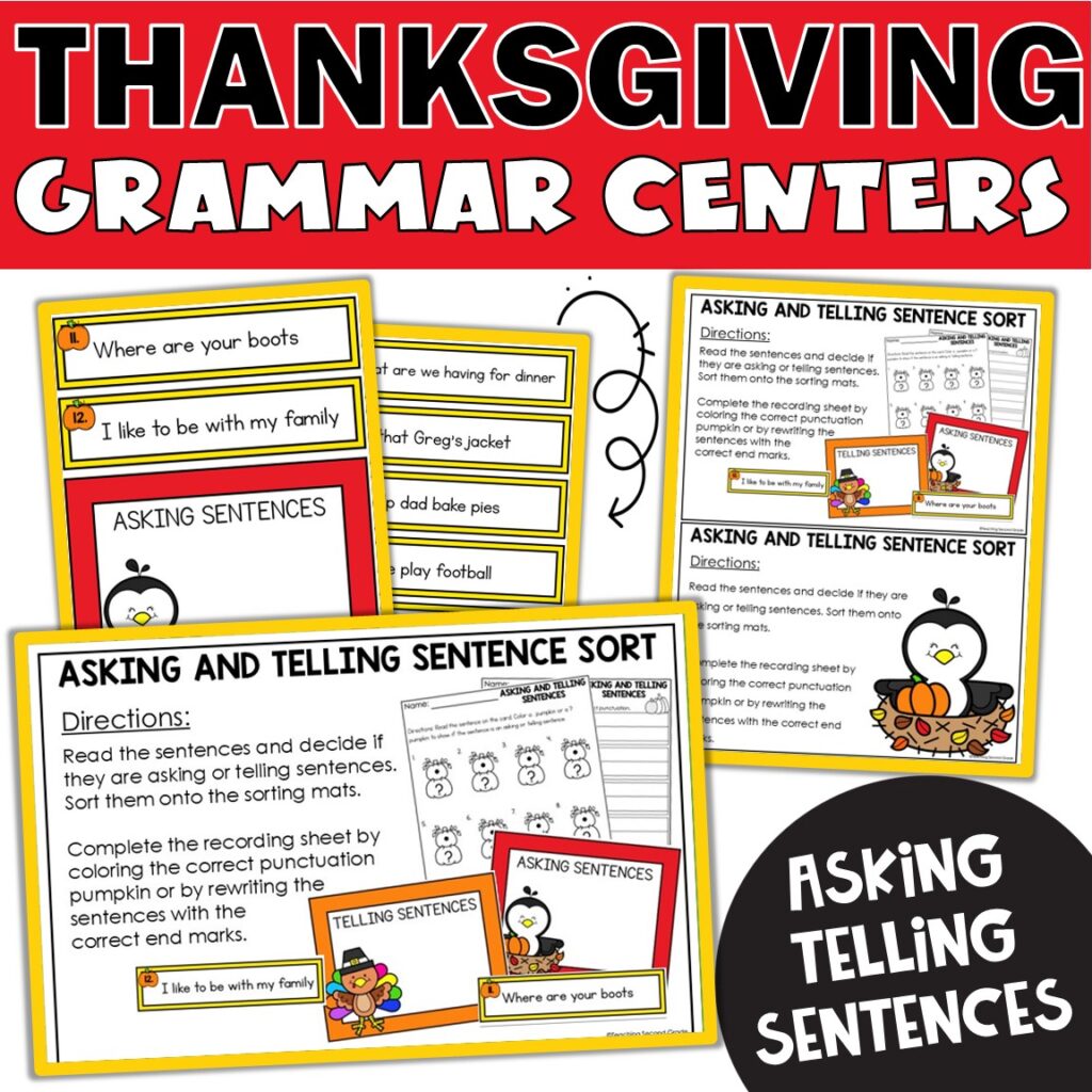 Thanksgiving Asking and Telling Sentences Center for 1st and 2nd Grade ...