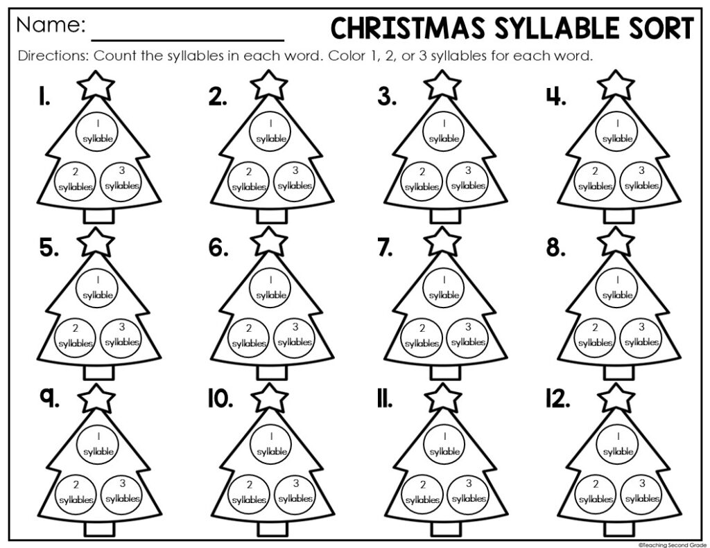 Christmas Syllable Sorting Activity for 1st and 2nd Grade - Phonics ...