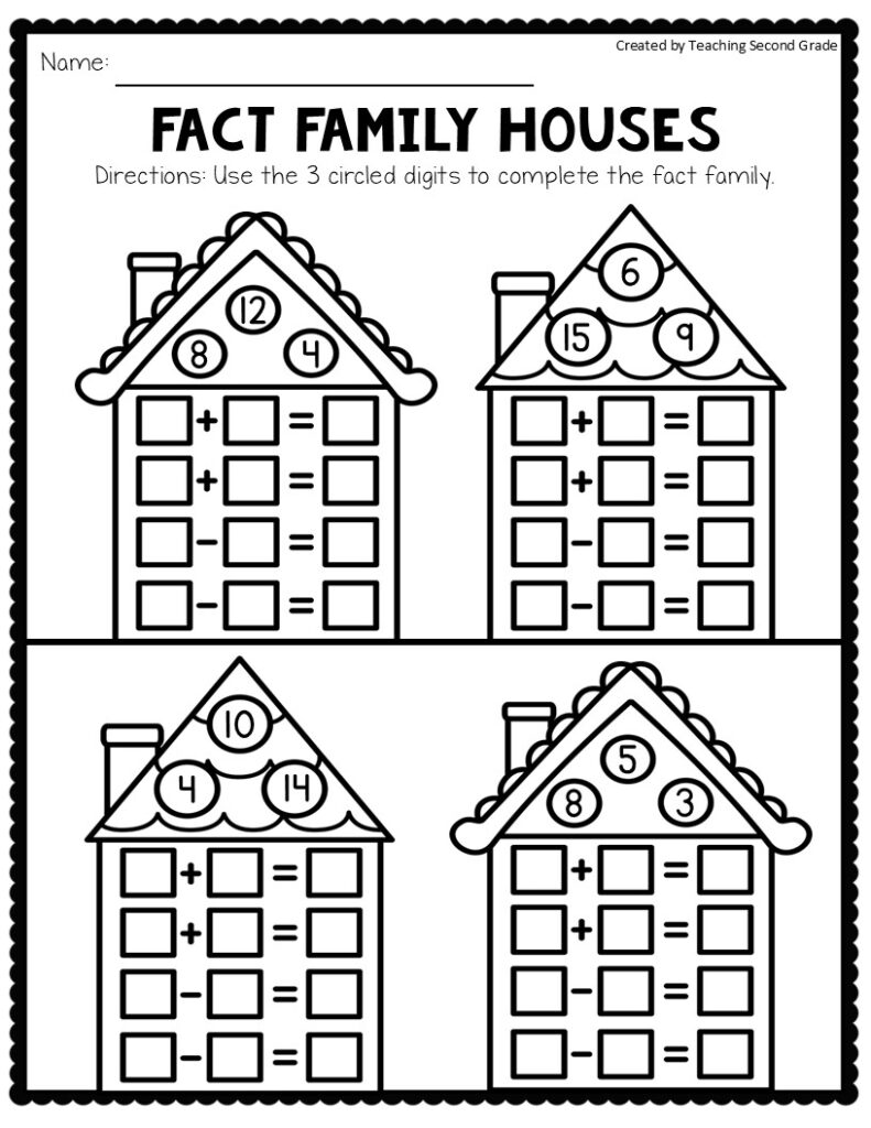 Fact Family Addition and Subtraction Facts Worksheets Houses - Teaching ...