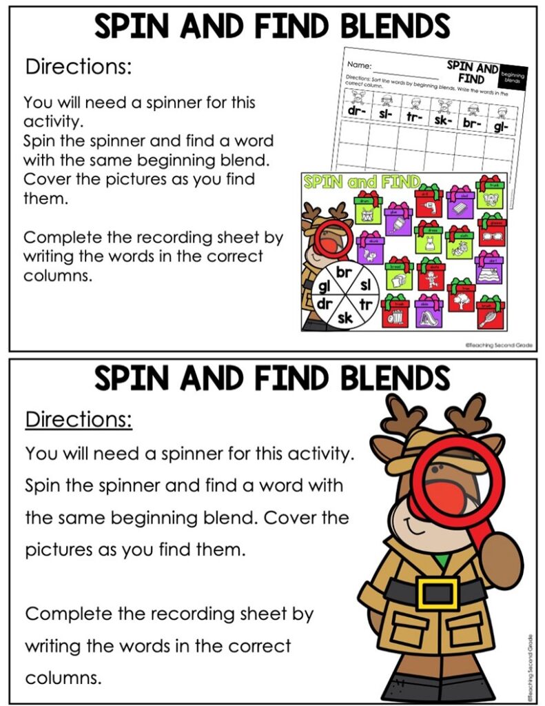 Christmas Blends Phonics Center for 1st and 2nd Grade - Spin and Find ...