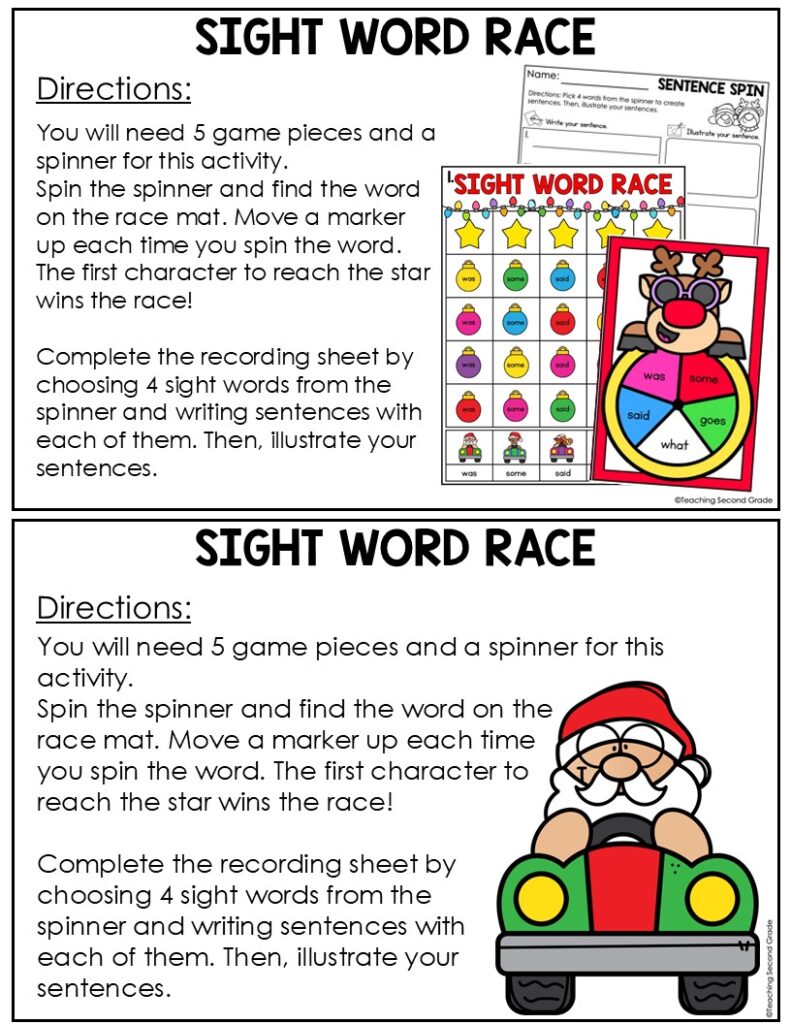Christmas Sight Word Race Phonics Center for 1st and 2nd Grade ...