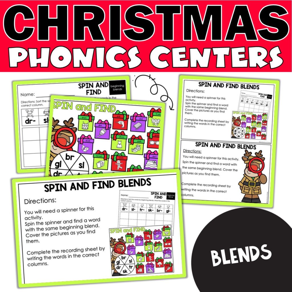 Christmas Blends Phonics Center for 1st and 2nd Grade - Spin and Find ...