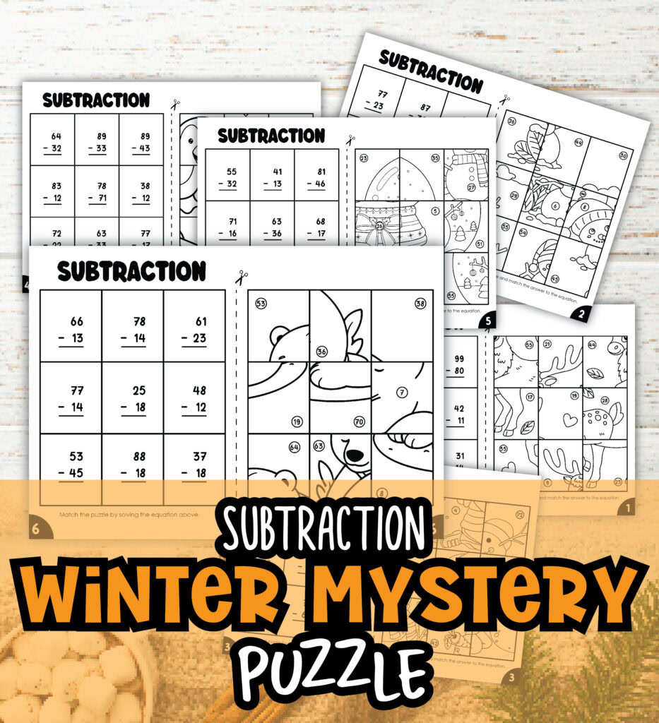 Winter Math Puzzle Worksheets with 2 Digit Subtraction with and without ...
