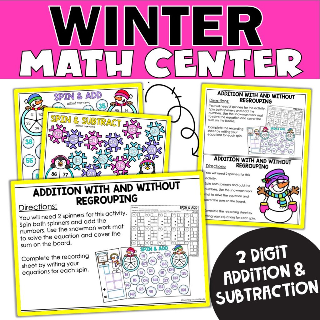 Winter 2-Digit Addition with and Without Regrouping Center - Teaching ...