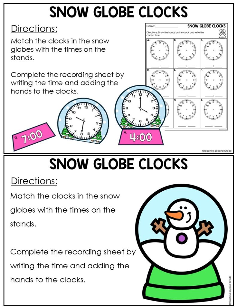 Winter Snow Globe Telling Time Math Center - to the Hour and Half Hour ...