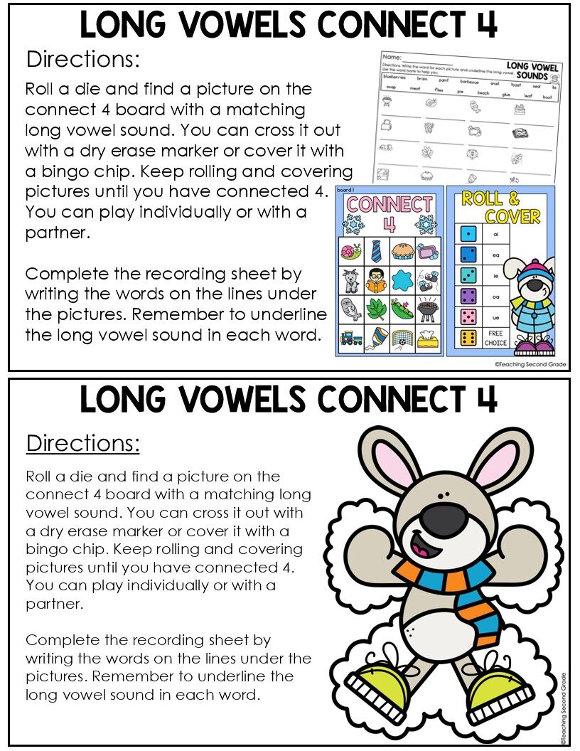 Winter Long Vowels Connect 4 Phonics Center - Teaching Ideas Made Easy